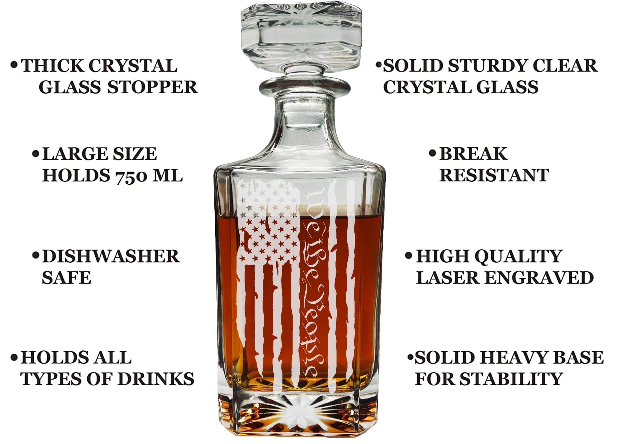 We The People Constitution American Flag USA Patriotic Whiskey Decanter Airtight Glass Stopper Custom Gift For Men Dad Veteran Father's Day