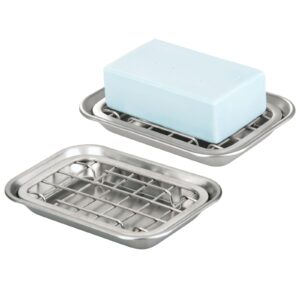 mdesign 2-piece soap dish for kitchen sink - bar of soap holder with drainage grate for kitchen - countertop caddy dish rest for scrubber, sponge and brushes - unity collection, 2 pack, brushed chrome