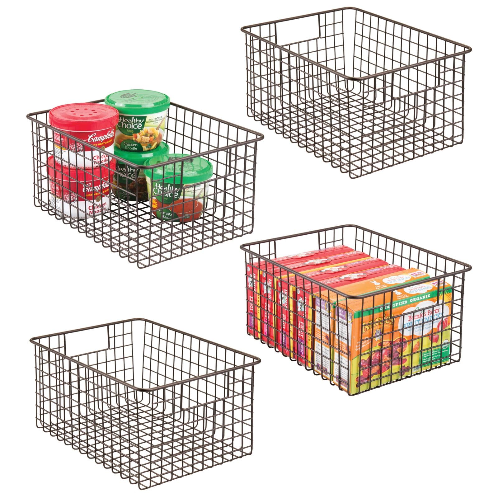 mDesign Metal Wire Food Storage Basket Organizer with Handles for Organizing Kitchen Cabinets, Pantry Shelf, Bathroom, Laundry Room, Closets, Garage - Concerto Collection - 4 Pack - Bronze