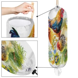 Rooster Plastic Bag Holder, Chicken Rooster Pattern Wall Mount Plastic Bag Organizer with Drawstring Grocery Shopping Bags Storage Dispenser for Home Kitchen Farmhouse Decor, 22X9 Inch