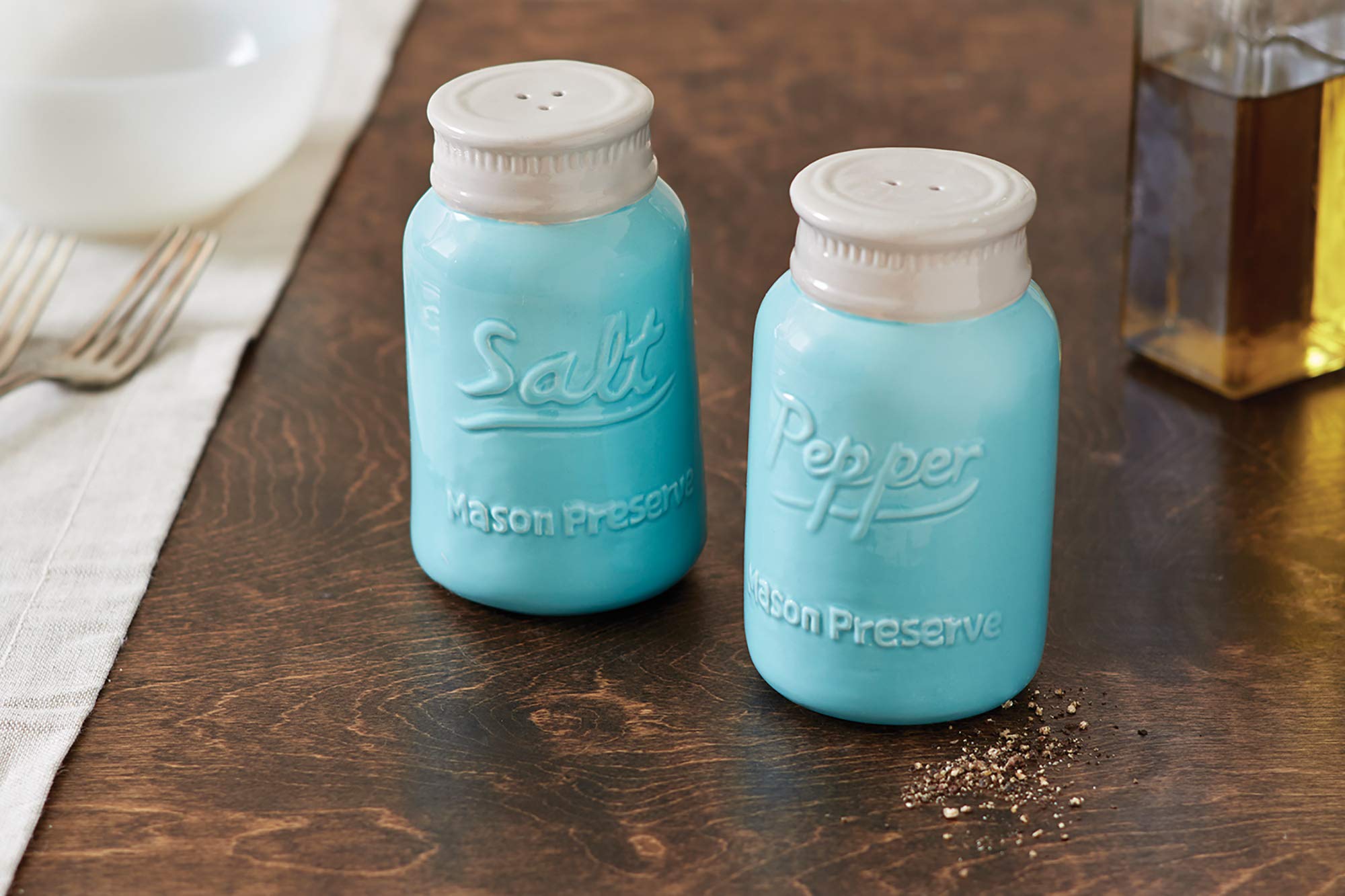 Fox Run Ceramic Mason Jar S&P Shakers, Salt and Pepper, Blue