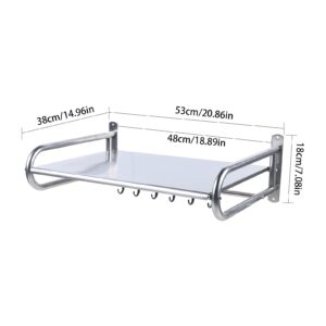 21 Inch Microwave Shelf Wall Mount with 6 Hooks, Stainless Steel Wall Shelf Metal Shelving Heavy Duty Commercial or Household Grade Wall Mount Microwave Oven Shelf Oven Bracket with Fixing Kit