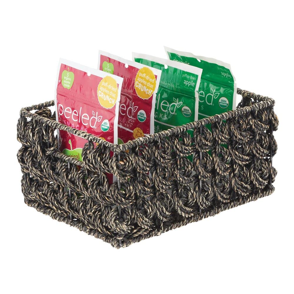 mDesign Seagrass Woven Rectangular Storage Basket Bin with Handles, Rectangle Weave Seagrass Storage Baskets for Shelves, Cubbies, Home, Hold Hand Towels, Food, Snacks, Appliances, 6 Pack, Black Wash