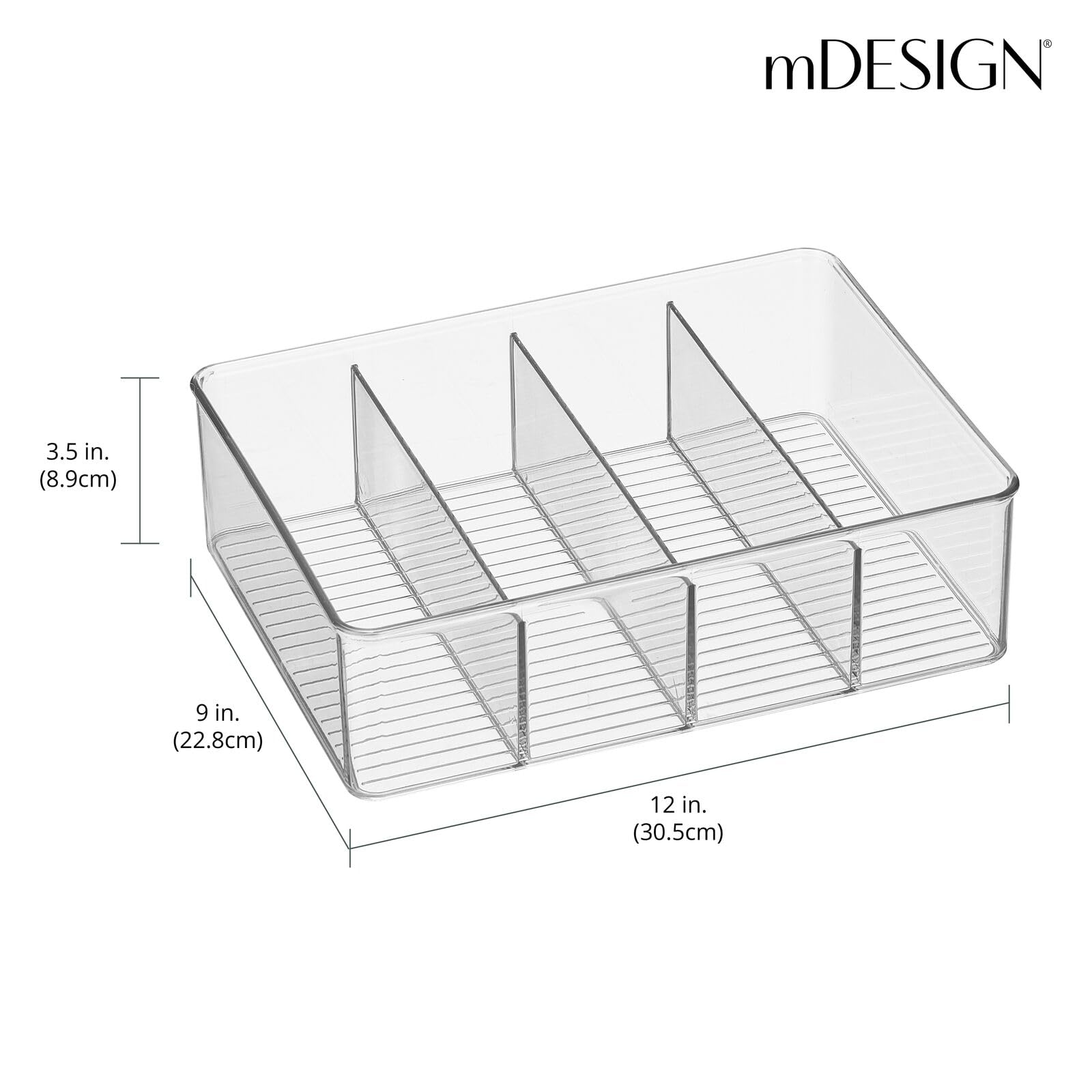 mDesign Plastic Bathroom Storage Organizer Bin Box - 4 Divided Sections - for Cabinets, Shelves, Countertops, Bedroom, Kitchen, Laundry Room - Ligne Collection - 2 Pack - Clear