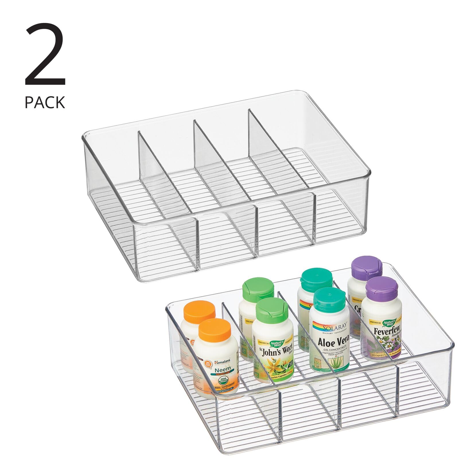 mDesign Plastic Bathroom Storage Organizer Bin Box - 4 Divided Sections - for Cabinets, Shelves, Countertops, Bedroom, Kitchen, Laundry Room - Ligne Collection - 2 Pack - Clear