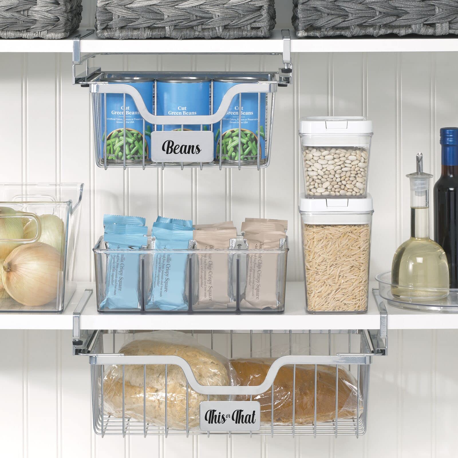 mDesign Wire Under Shelf Organizer for Cabinet - Sliding Basket for Under Cabinet Shelf - Hanging Storage Organizer Rack for Kitchen and Pantry with Label Space - Carson Collection - 2 Pack - Chrome