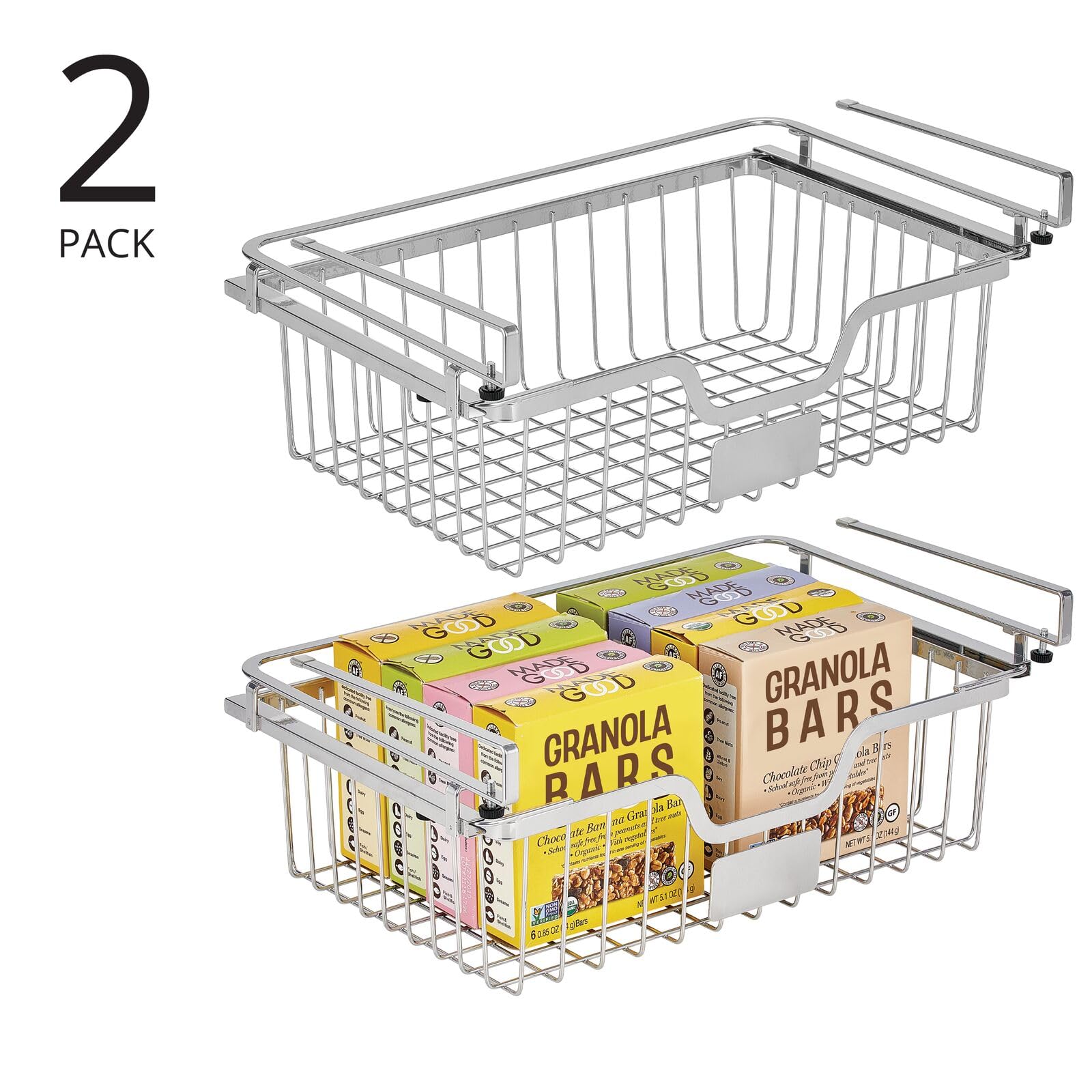 mDesign Wire Under Shelf Organizer for Cabinet - Sliding Basket for Under Cabinet Shelf - Hanging Storage Organizer Rack for Kitchen and Pantry with Label Space - Carson Collection - 2 Pack - Chrome