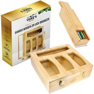 duke's bamboo ziplock bag organizer - food plastic ziploc bag organizer for drawer or wall - compartments for snack, sandwich, quart, gallon bags - secure shutter locks - includes wooden pen box