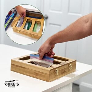 Duke's Bamboo Ziplock Bag Organizer - Food Plastic Ziploc Bag Organizer for Drawer or Wall - Compartments for Snack, Sandwich, Quart, Gallon Bags - Secure Shutter Locks - Includes Wooden Pen Box