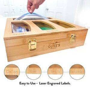 Duke's Bamboo Ziplock Bag Organizer - Food Plastic Ziploc Bag Organizer for Drawer or Wall - Compartments for Snack, Sandwich, Quart, Gallon Bags - Secure Shutter Locks - Includes Wooden Pen Box