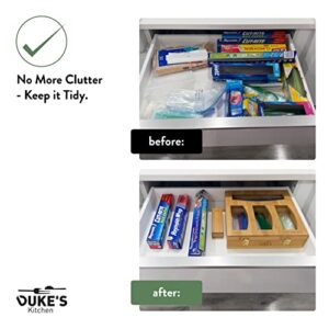 Duke's Bamboo Ziplock Bag Organizer - Food Plastic Ziploc Bag Organizer for Drawer or Wall - Compartments for Snack, Sandwich, Quart, Gallon Bags - Secure Shutter Locks - Includes Wooden Pen Box