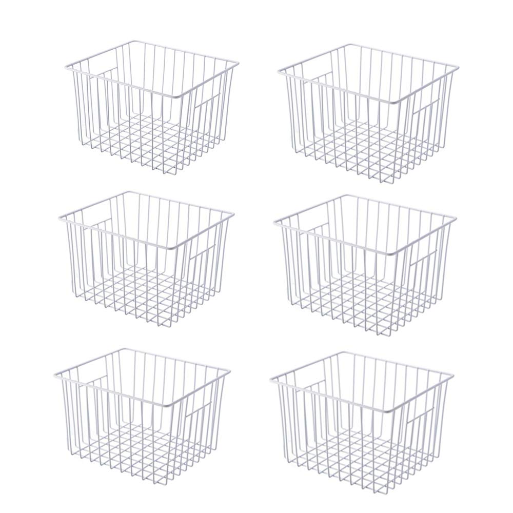 Slideep 11'' Farmhouse Freezer Food Storage Organizer Baskets Modern Refrigerator Metal Wire Basket Bin with Built-in Handles for Kitchen, Pantry, Bathroom, Cabinets, White -Set of 6