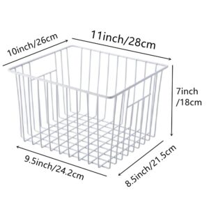 Slideep 11'' Farmhouse Freezer Food Storage Organizer Baskets Modern Refrigerator Metal Wire Basket Bin with Built-in Handles for Kitchen, Pantry, Bathroom, Cabinets, White -Set of 6