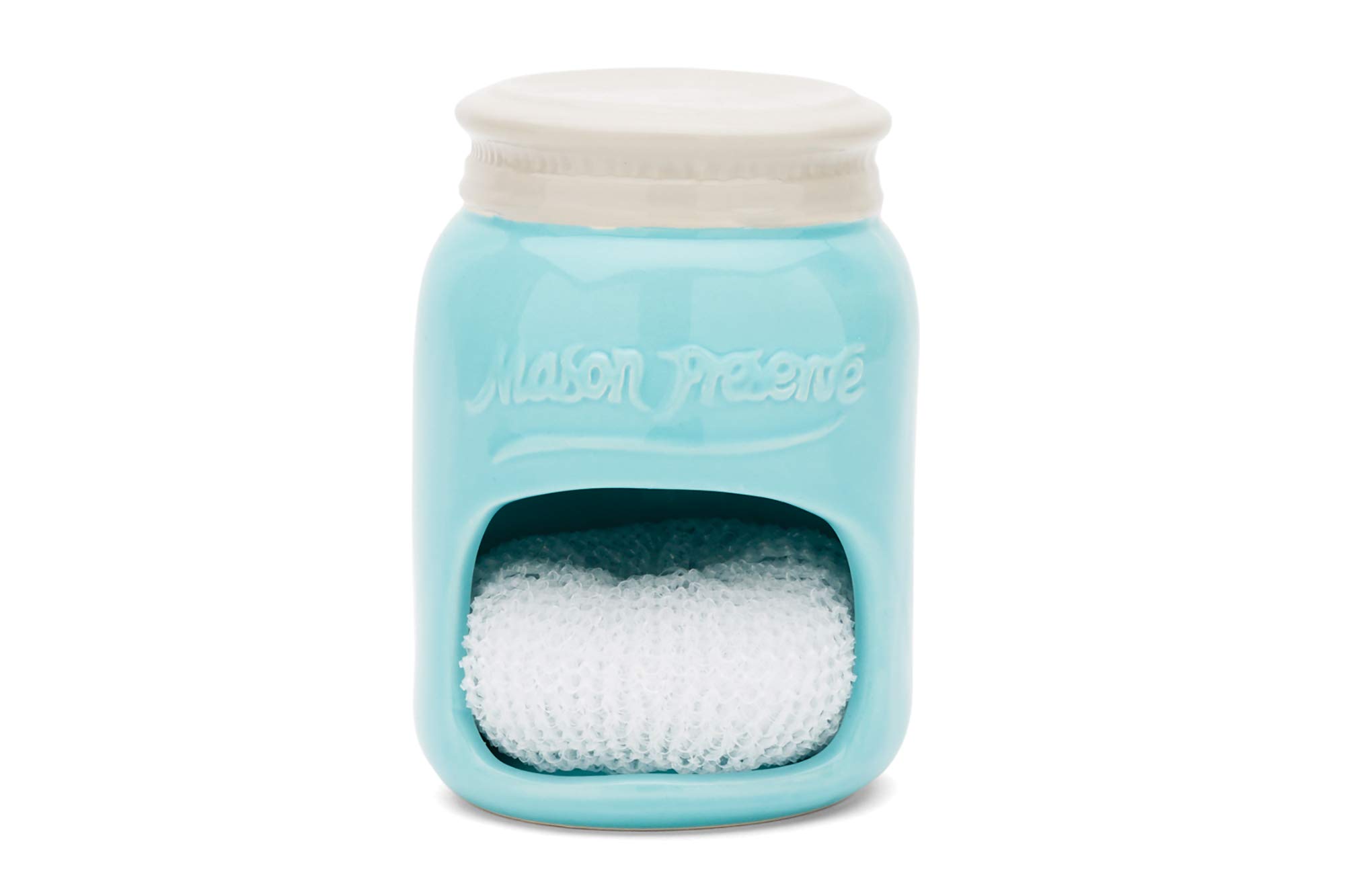 Fox Run Ceramic Mason Jar Holder with Sponge, 3.5 x 3.5 x 5 inches, Blue