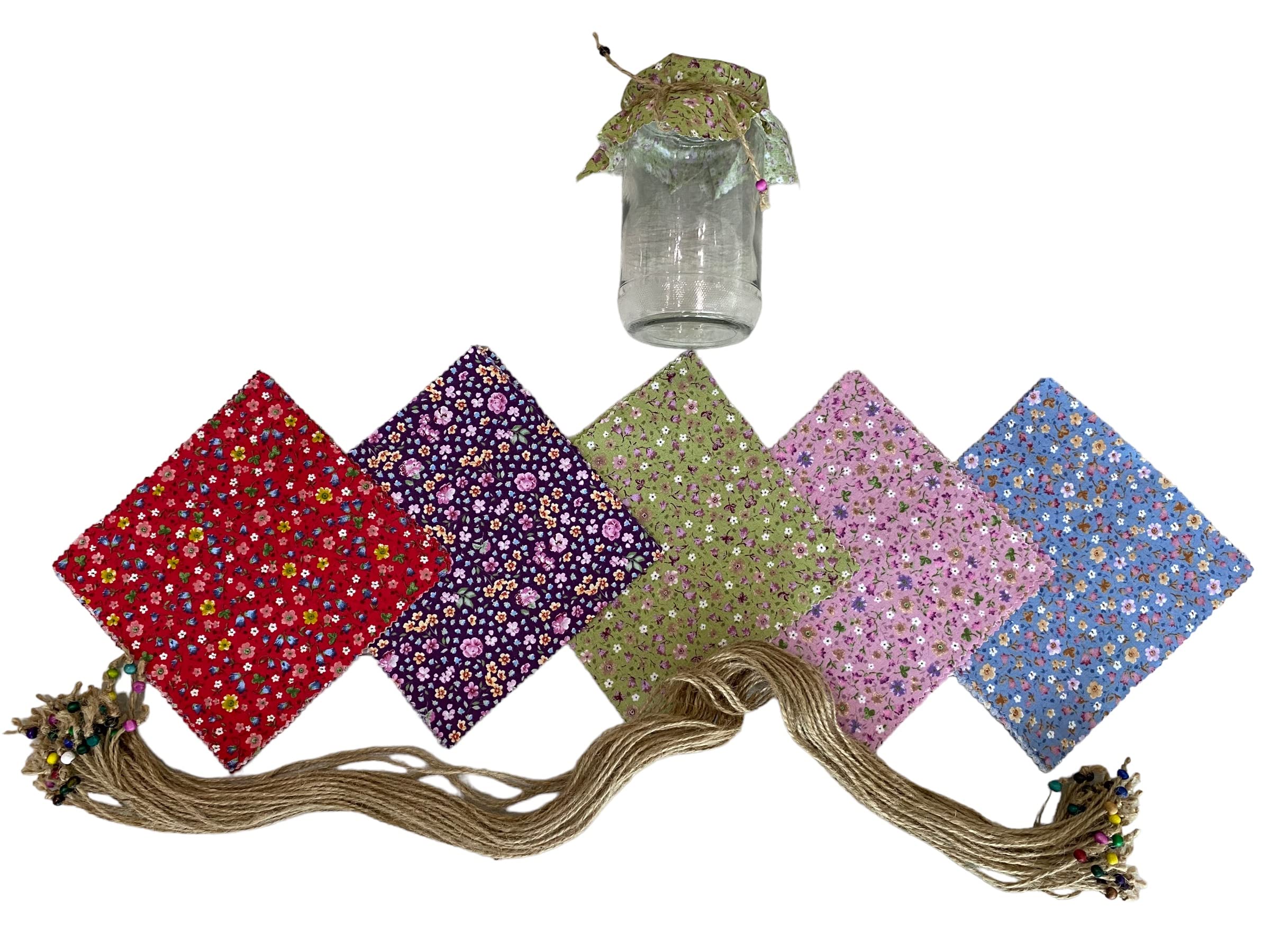 50 Pieces% 100 Cotton Flowered Pattern Fabric Jar Cover Cloth- 6.7'' Jar Cover Cloth With 50 Pieces Beaded Jute Rope