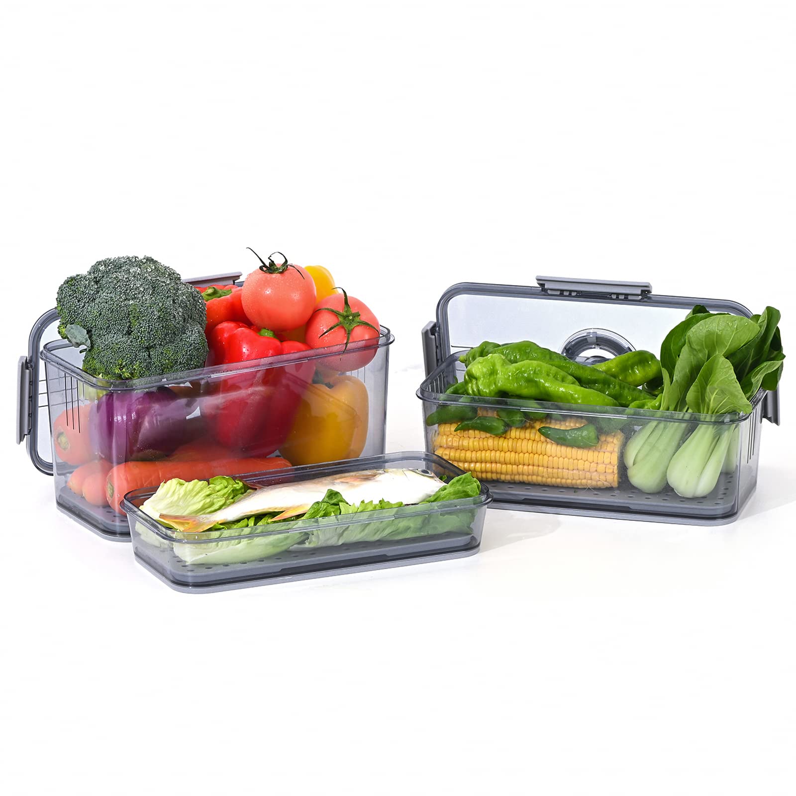 Refrigerator Organizer Bins Set,Stackable Produce Saver Organizer Bin Storage Containers with Removable Drain Tray for Fridge, Cabinets, Countertops and Pantry (Gray)