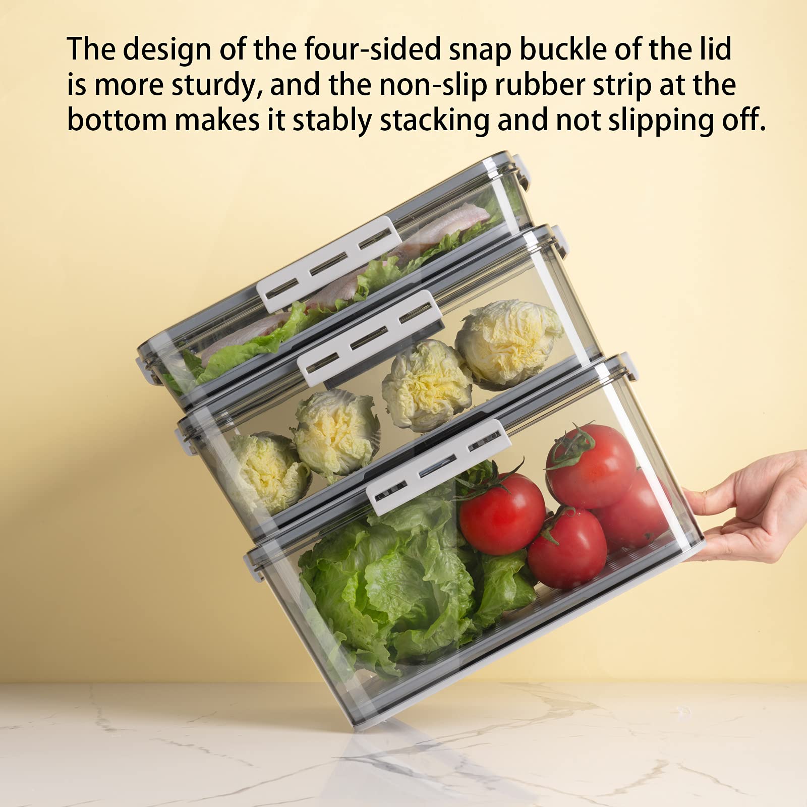 Refrigerator Organizer Bins Set,Stackable Produce Saver Organizer Bin Storage Containers with Removable Drain Tray for Fridge, Cabinets, Countertops and Pantry (Gray)