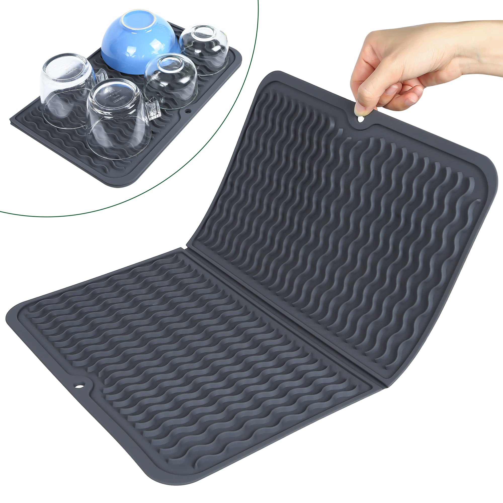 Silicone Dish Drying Mat for Multiple Usage,Easy clean,Food Grade Silicone,Oversized,Heat-resistant Foldable Silicone Mat Rack for Kitchen Counter,Refrigerator or Drawer liner