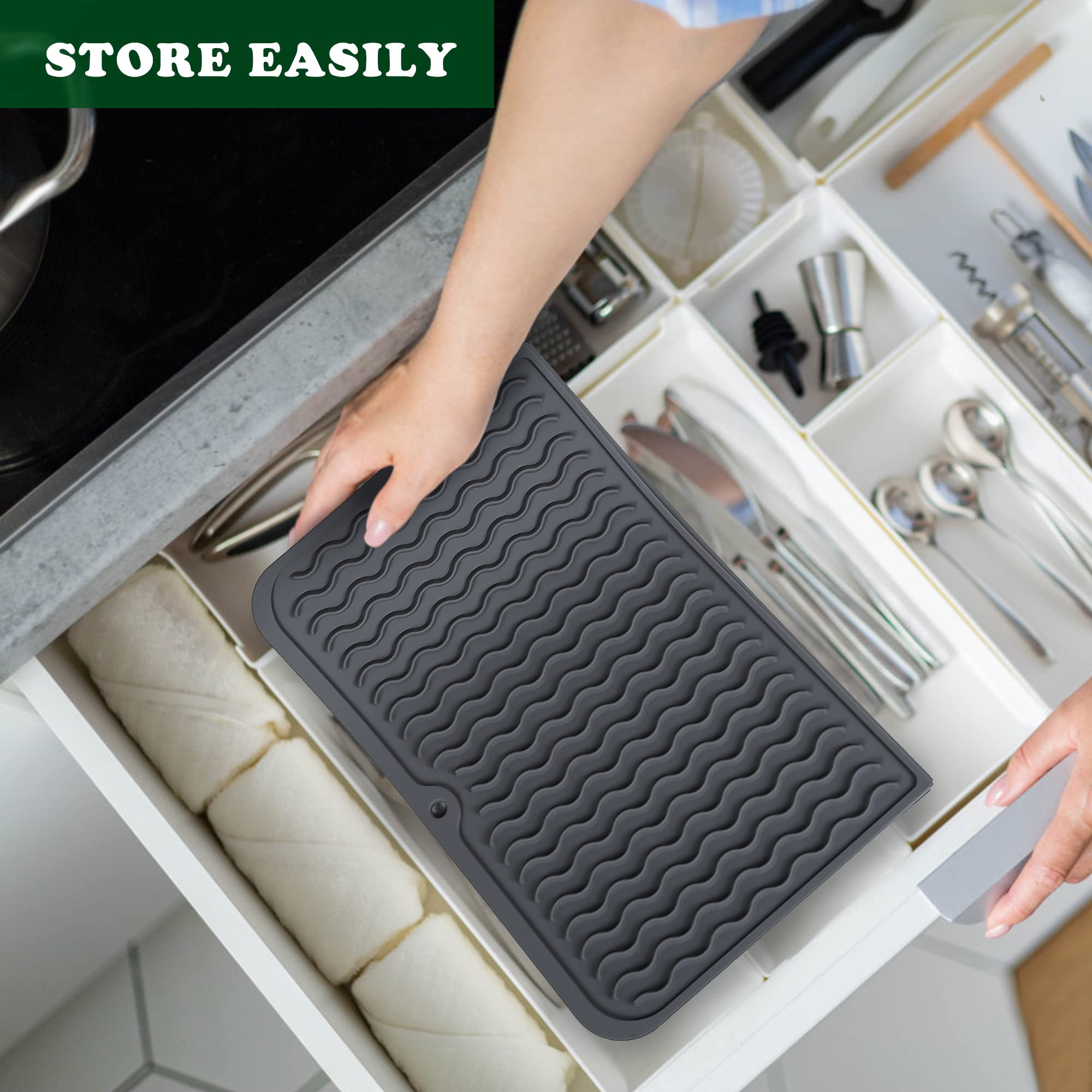 Silicone Dish Drying Mat for Multiple Usage,Easy clean,Food Grade Silicone,Oversized,Heat-resistant Foldable Silicone Mat Rack for Kitchen Counter,Refrigerator or Drawer liner