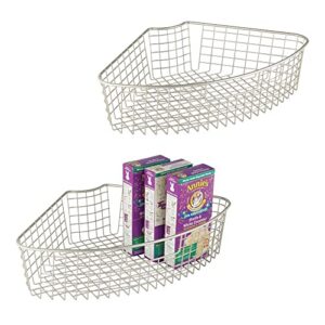 mdesign wire basket for corner cabinet lazy susan with front handle - kitchen cabinet, shelf, and pantry corner bin - 1/4 wedge metal organizer for lazy susan - concerto collection - 2 pack - satin