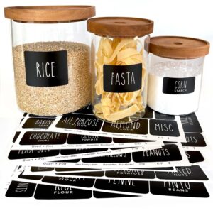 quart + pint 134 kitchen pantry labels for containers. preprinted retro handwritten style. black matte sticker white text. waterproof stickers. organization labels for jars canisters & storage bins.