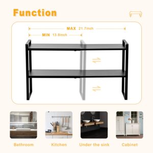 2 Tier Expandable Cabinet Shelf Organizer Over the Sink Storage Rack 2 Tier Adjustable Countertop for Kitchen Bathroom Pantry Spice Cupboard Dish Cup Bottle Pot Metal Plate Heavy Duty Nonslip(Black)