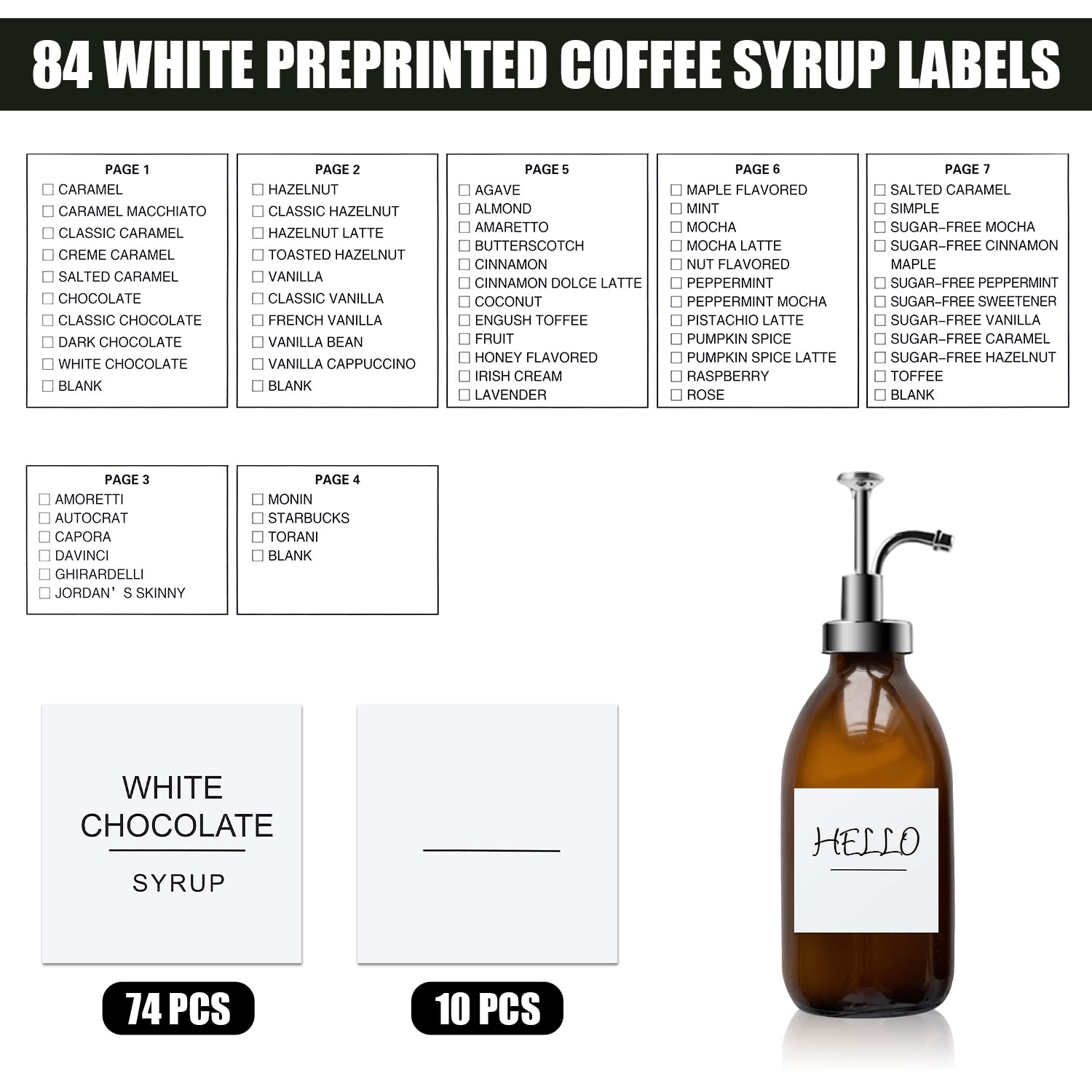 AIEX Coffee Syrup Labels, 84pcs Waterproof White Minimalist Coffee Syrup Labels Stickers for Bottles Coffee Bar Containers Dispenser Organization