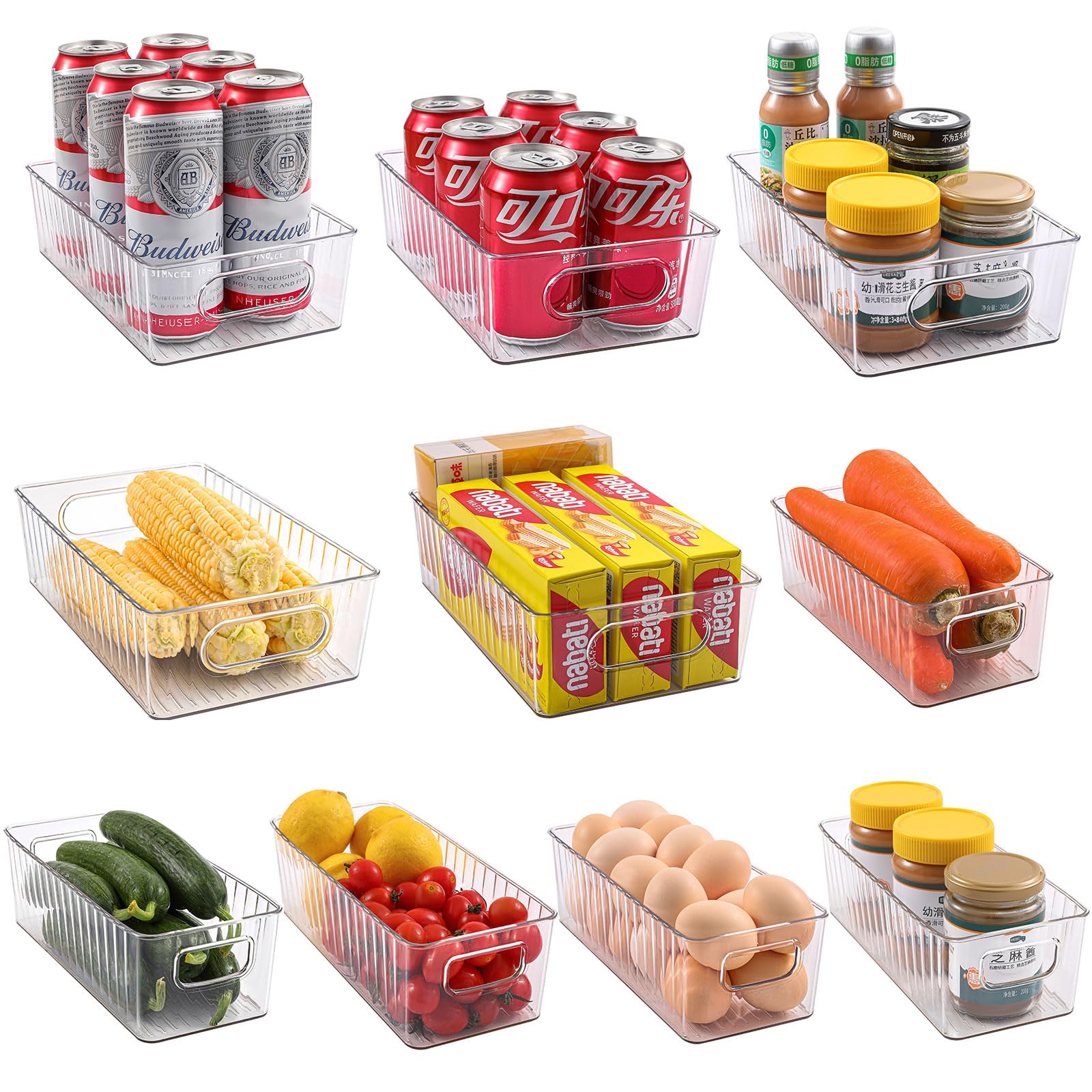 Shopwithgreen Clear Refrigerator Organizer Bins,10 PCS Stackable Food Storage Organizer with Handle, BPA Free and Plastic Freezer Organizer for Fridge, Pantry, Cabinet, Kitchen Countertops