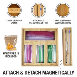 2 in 1 Bamboo Ziplock Bag Organizer for Drawer w/MAGNETICALLY DETACHABLE Plastic Wrap Dispenser with Cutter, Wall Mount Plastic Bag Organizer, 4 Size Gallon, Quart, Snack, Sandwich Baggie Organizer