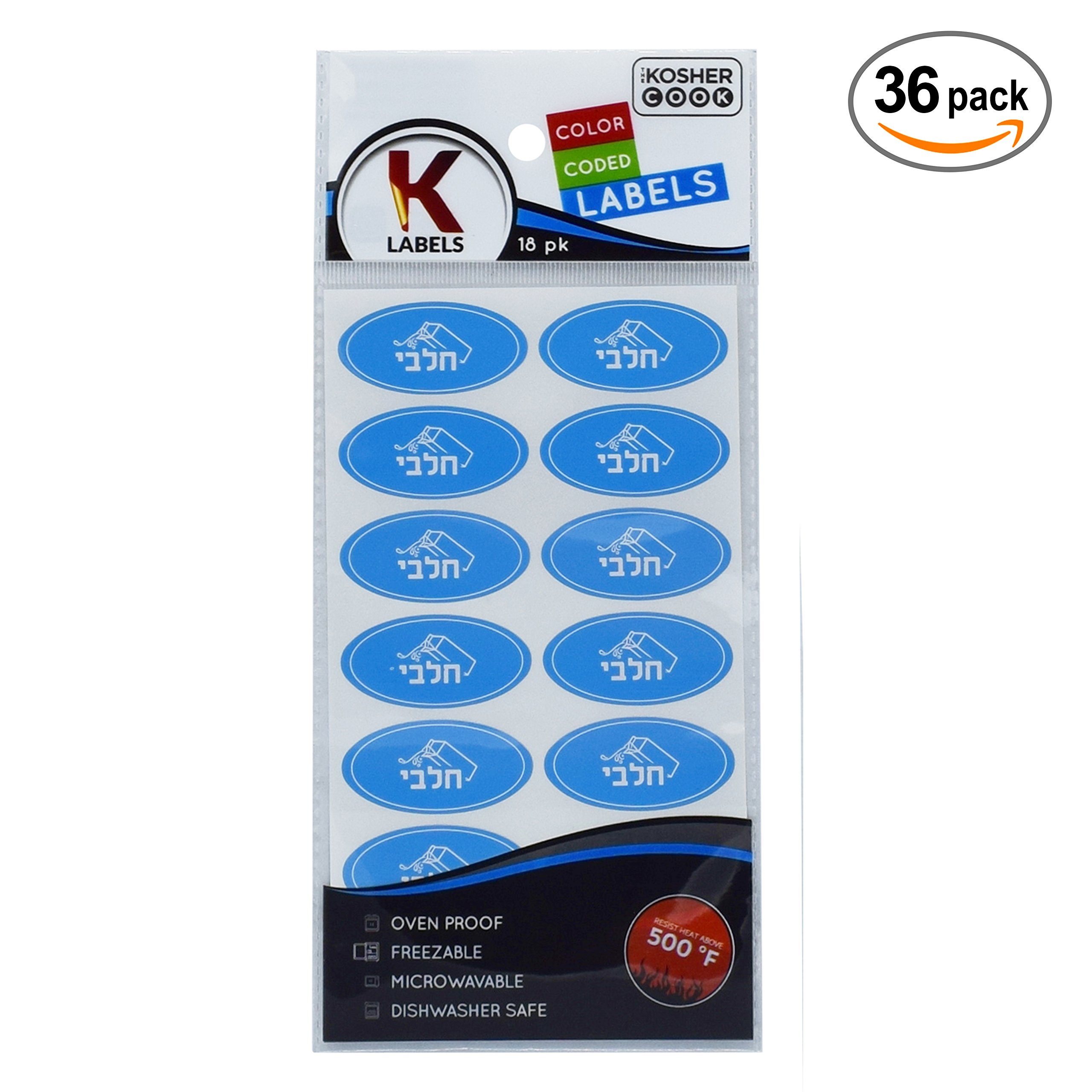 36 Dairy Blue Kosher Labels – Oven Proof up to 500°, Freezable, Microwavable, Dishwasher Safe, Hebrew - Color Coded Kitchen Stickers by The Kosher Cook