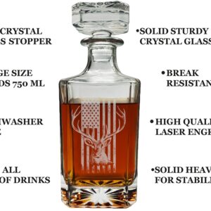 USA Flag Buck Hunting Whiskey Decanter With Glass Stopper Custom Gift For Men Dad Veteran Father's Day Deer Hunter