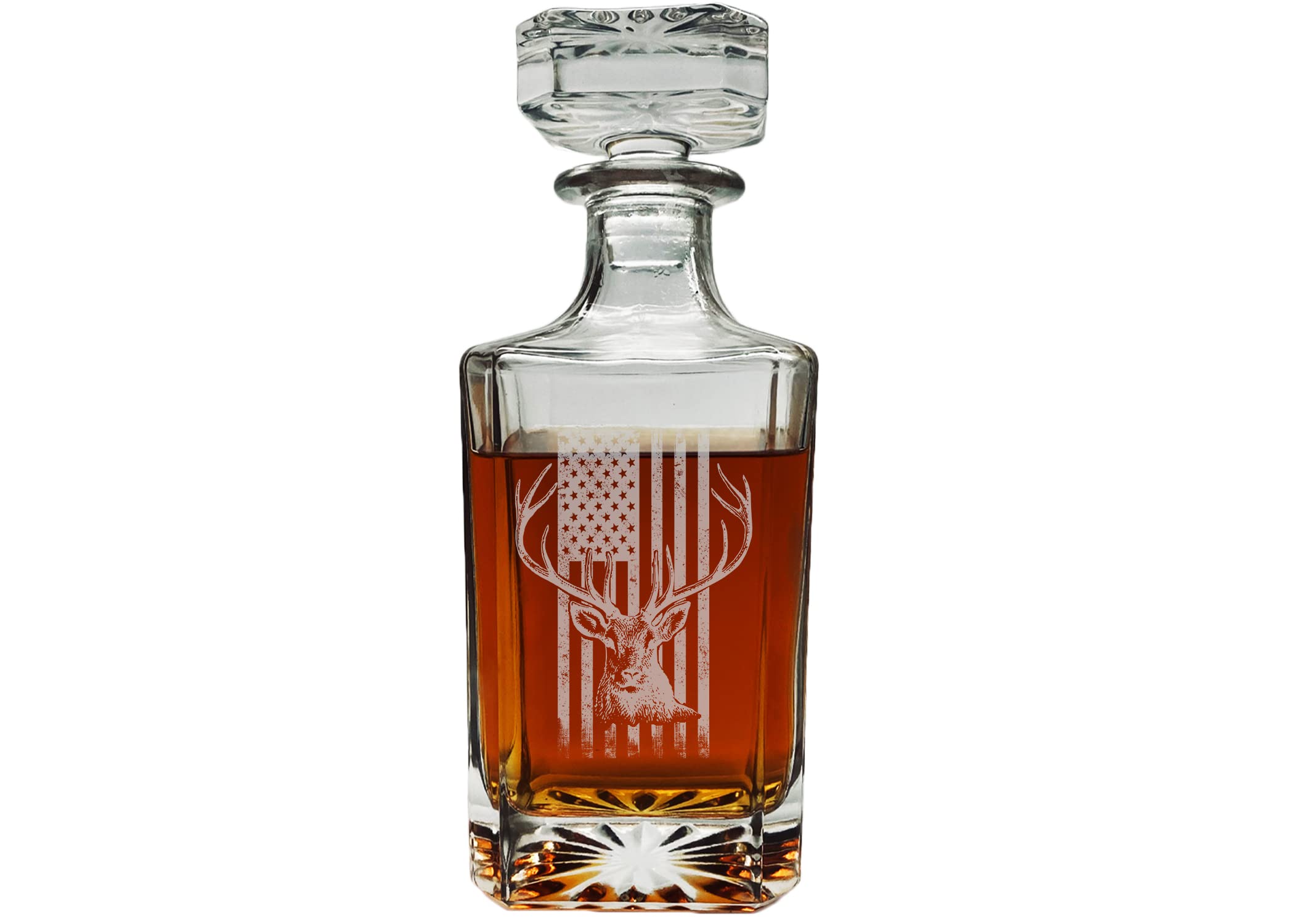 USA Flag Buck Hunting Whiskey Decanter With Glass Stopper Custom Gift For Men Dad Veteran Father's Day Deer Hunter