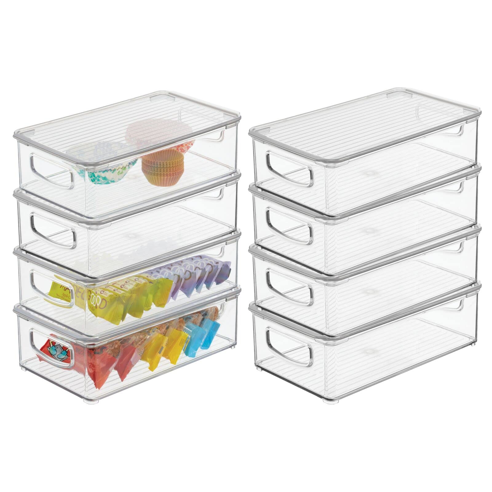 mDesign Plastic Pantry Storage Box Container with Lid and Built-In Handles - Organization for Flour, Cereal, Pasta, Rice, or Food in Kitchen Cupboard, Ligne Collection, 8 Pack, Clear/Clear