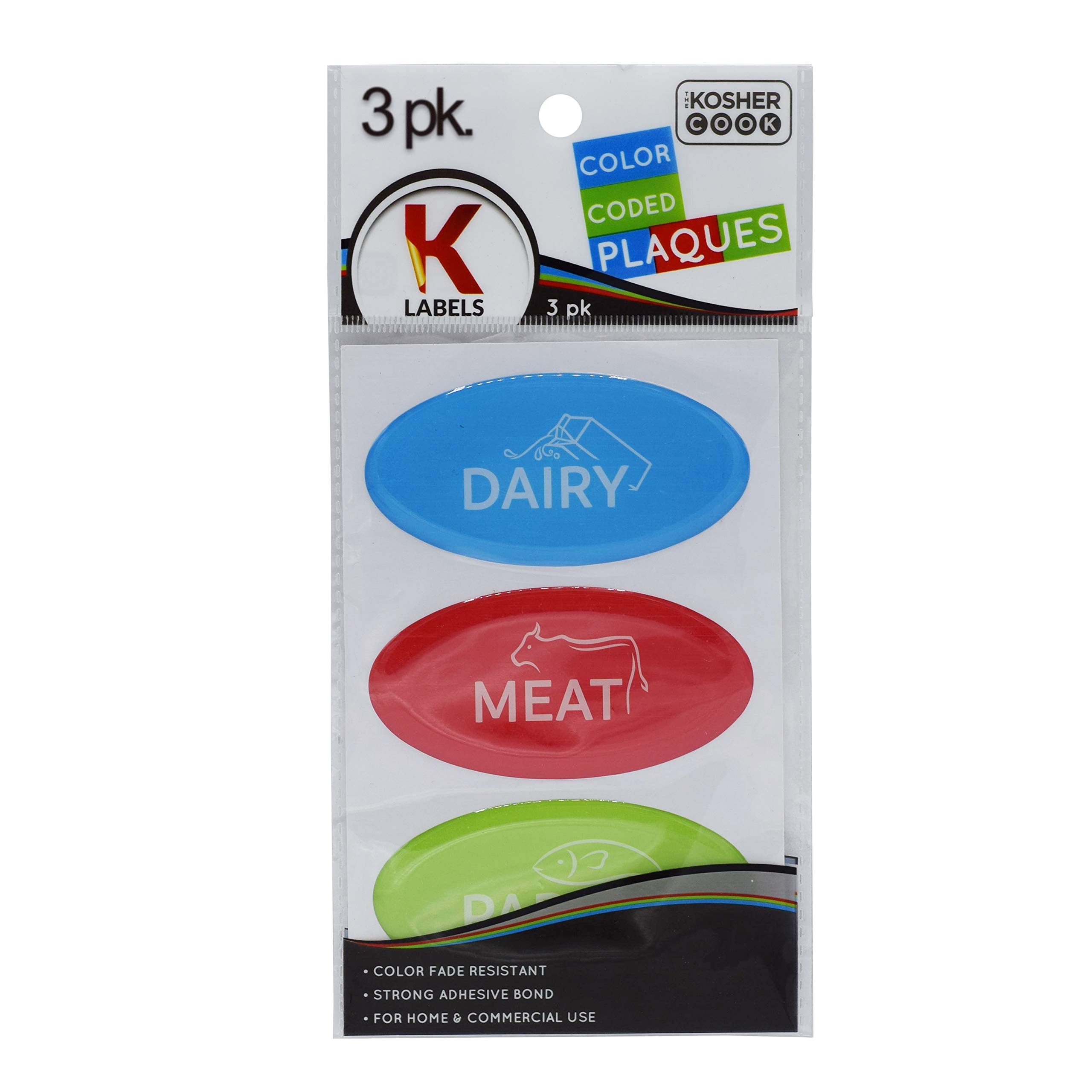 3 Kosher Plaques and Labels – 1 Blue Dairy, 1 Red Meat, 1 Green Parve - Self Adhesive, Color Fade Resistant – Color Coded Kitchen Stickers by The Kosher Cook