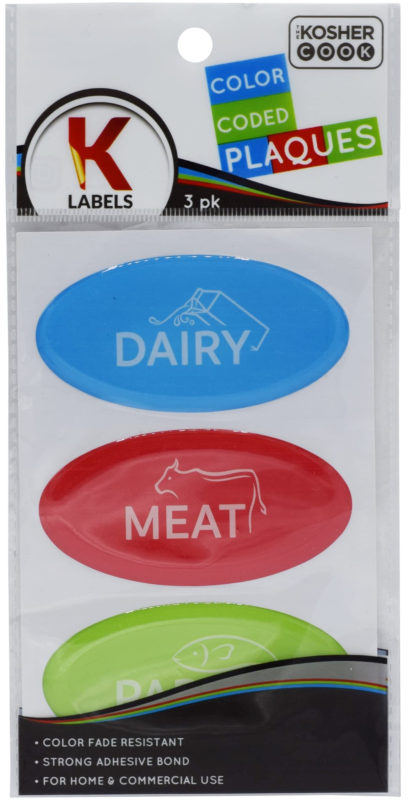 3 Kosher Plaques and Labels – 1 Blue Dairy, 1 Red Meat, 1 Green Parve - Self Adhesive, Color Fade Resistant – Color Coded Kitchen Stickers by The Kosher Cook