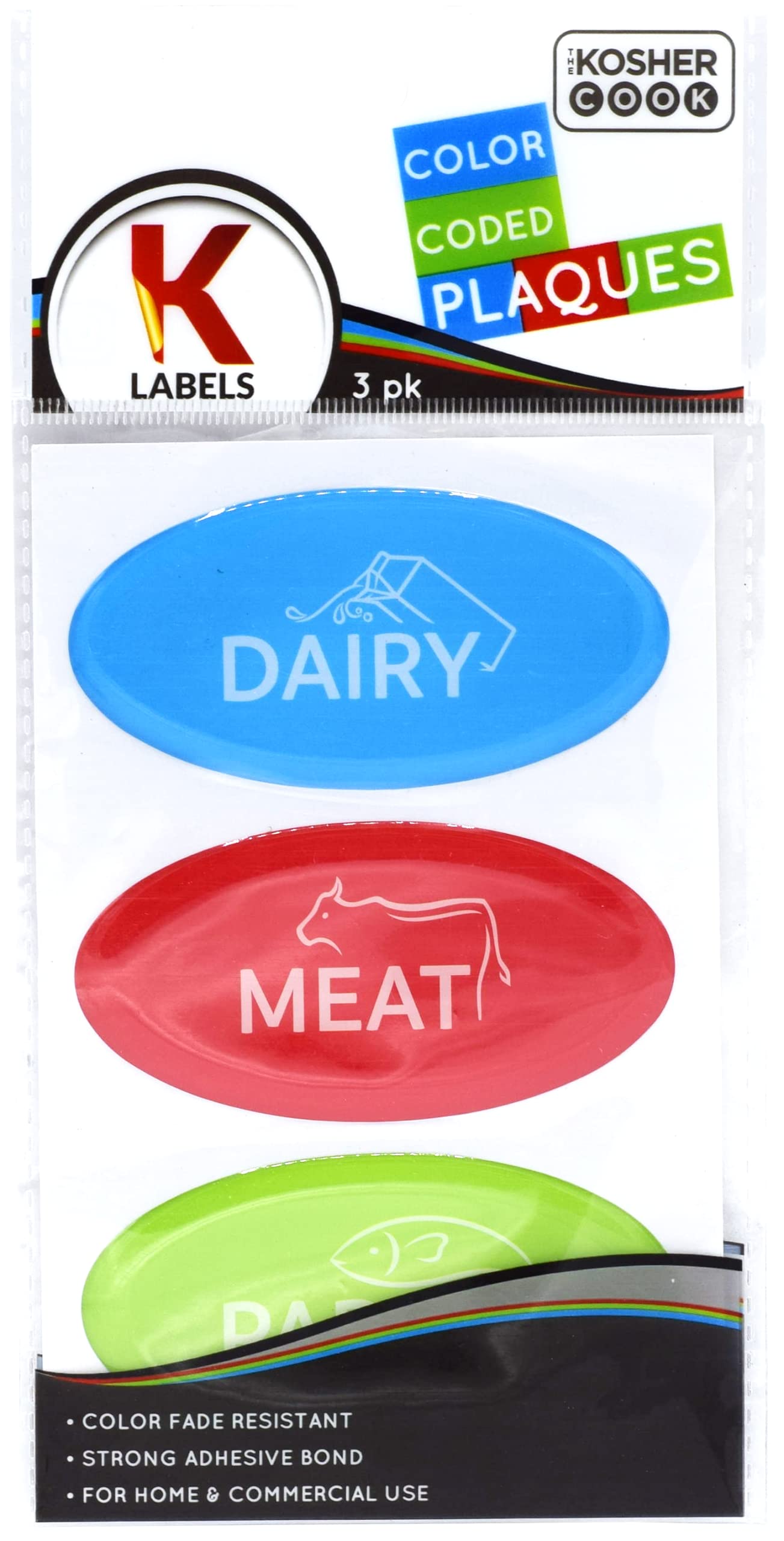 3 Kosher Plaques and Labels – 1 Blue Dairy, 1 Red Meat, 1 Green Parve - Self Adhesive, Color Fade Resistant – Color Coded Kitchen Stickers by The Kosher Cook