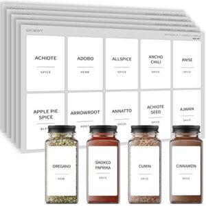 v2croft spice jar labels,140 pcs minimalist preprinted white sticker black text, farmhouse modern waterproof label organization for glass bottles containers, herb seasoning, kitchen pantry