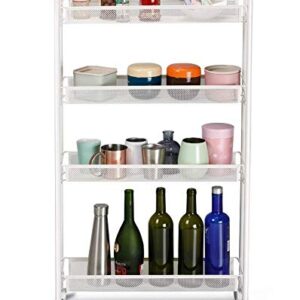 Rackaphile 4-Tier Slim Slide Out Storage Tower Rack Mesh Rolling Organization Serving Cart Shelf for Narrow Spaces Roller, White (4-Tier)