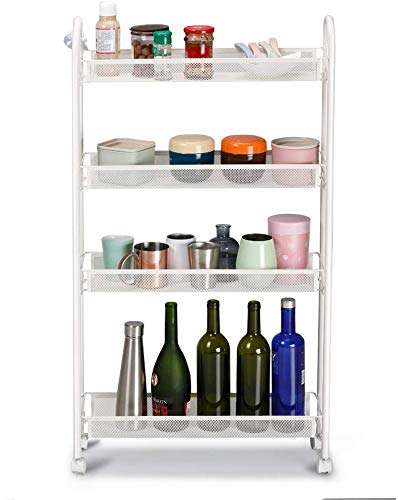 Rackaphile 4-Tier Slim Slide Out Storage Tower Rack Mesh Rolling Organization Serving Cart Shelf for Narrow Spaces Roller, White (4-Tier)