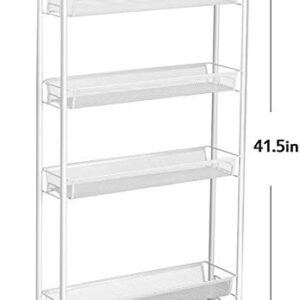 Rackaphile 4-Tier Slim Slide Out Storage Tower Rack Mesh Rolling Organization Serving Cart Shelf for Narrow Spaces Roller, White (4-Tier)