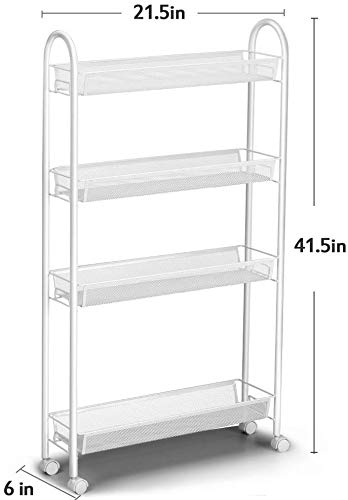 Rackaphile 4-Tier Slim Slide Out Storage Tower Rack Mesh Rolling Organization Serving Cart Shelf for Narrow Spaces Roller, White (4-Tier)