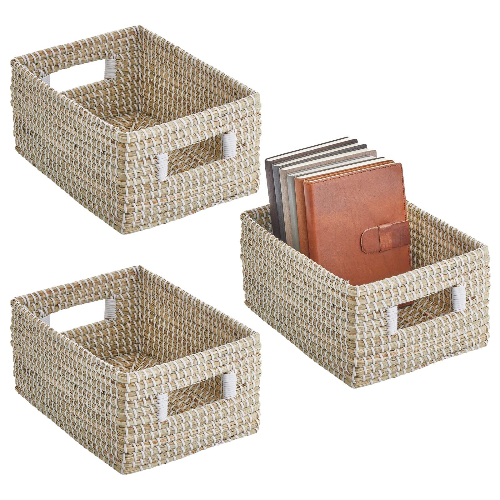 mDesign Seagrass Small Woven 9 Inch Wide Rectangular Organizing Basket w/Built-In Handles for Kitchen, Pantry Shelves, Bathroom Storage; Holds Fruit, Canned Goods - 3 Pack - Natural