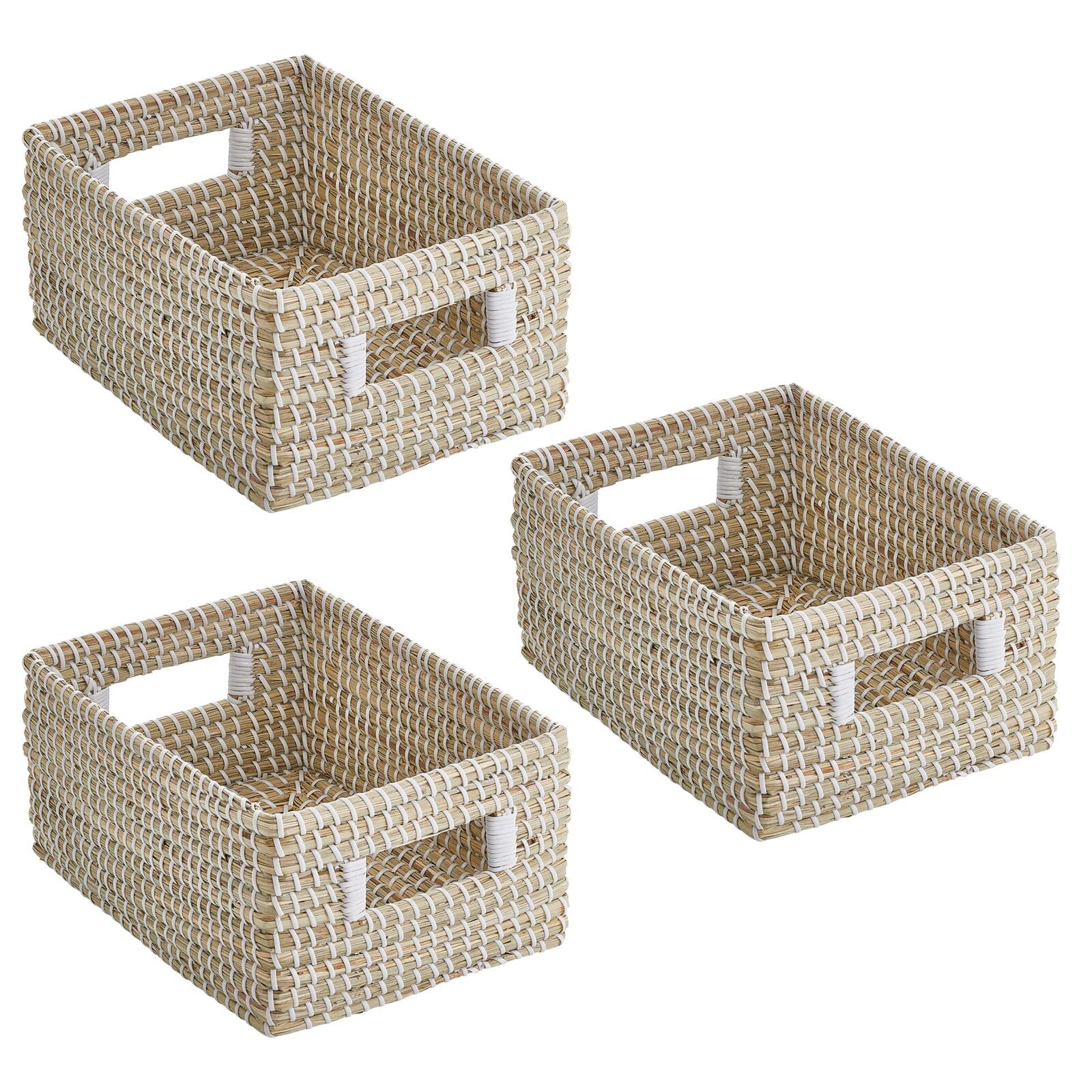 mDesign Seagrass Small Woven 9 Inch Wide Rectangular Organizing Basket w/Built-In Handles for Kitchen, Pantry Shelves, Bathroom Storage; Holds Fruit, Canned Goods - 3 Pack - Natural