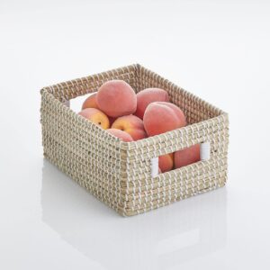 mDesign Seagrass Small Woven 9 Inch Wide Rectangular Organizing Basket w/Built-In Handles for Kitchen, Pantry Shelves, Bathroom Storage; Holds Fruit, Canned Goods - 3 Pack - Natural