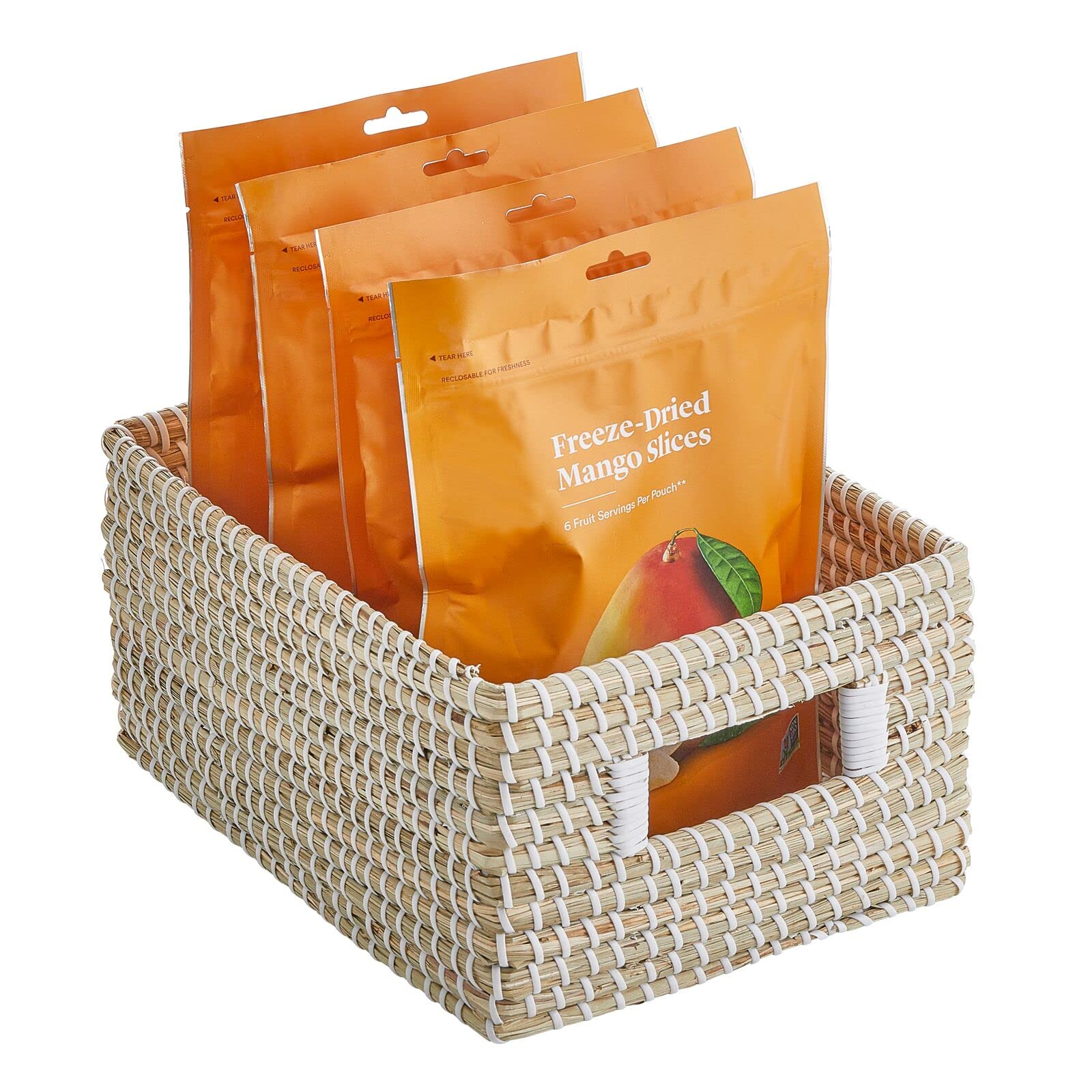 mDesign Seagrass Small Woven 9 Inch Wide Rectangular Organizing Basket w/Built-In Handles for Kitchen, Pantry Shelves, Bathroom Storage; Holds Fruit, Canned Goods - 3 Pack - Natural