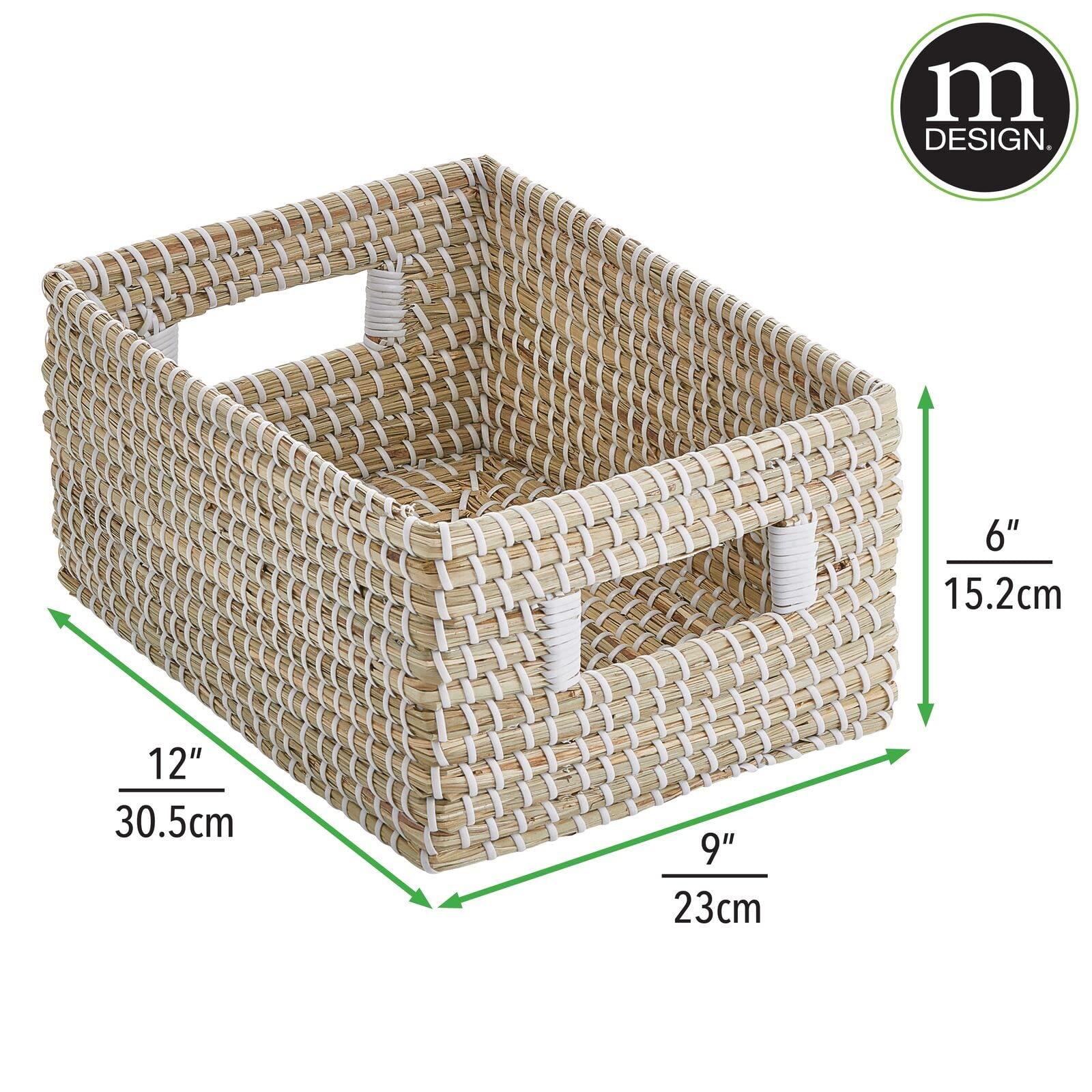 mDesign Seagrass Small Woven 9 Inch Wide Rectangular Organizing Basket w/Built-In Handles for Kitchen, Pantry Shelves, Bathroom Storage; Holds Fruit, Canned Goods - 3 Pack - Natural