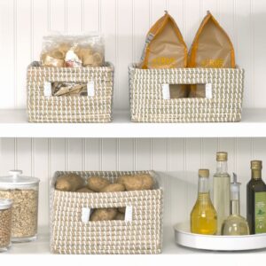 mDesign Seagrass Small Woven 9 Inch Wide Rectangular Organizing Basket w/Built-In Handles for Kitchen, Pantry Shelves, Bathroom Storage; Holds Fruit, Canned Goods - 3 Pack - Natural