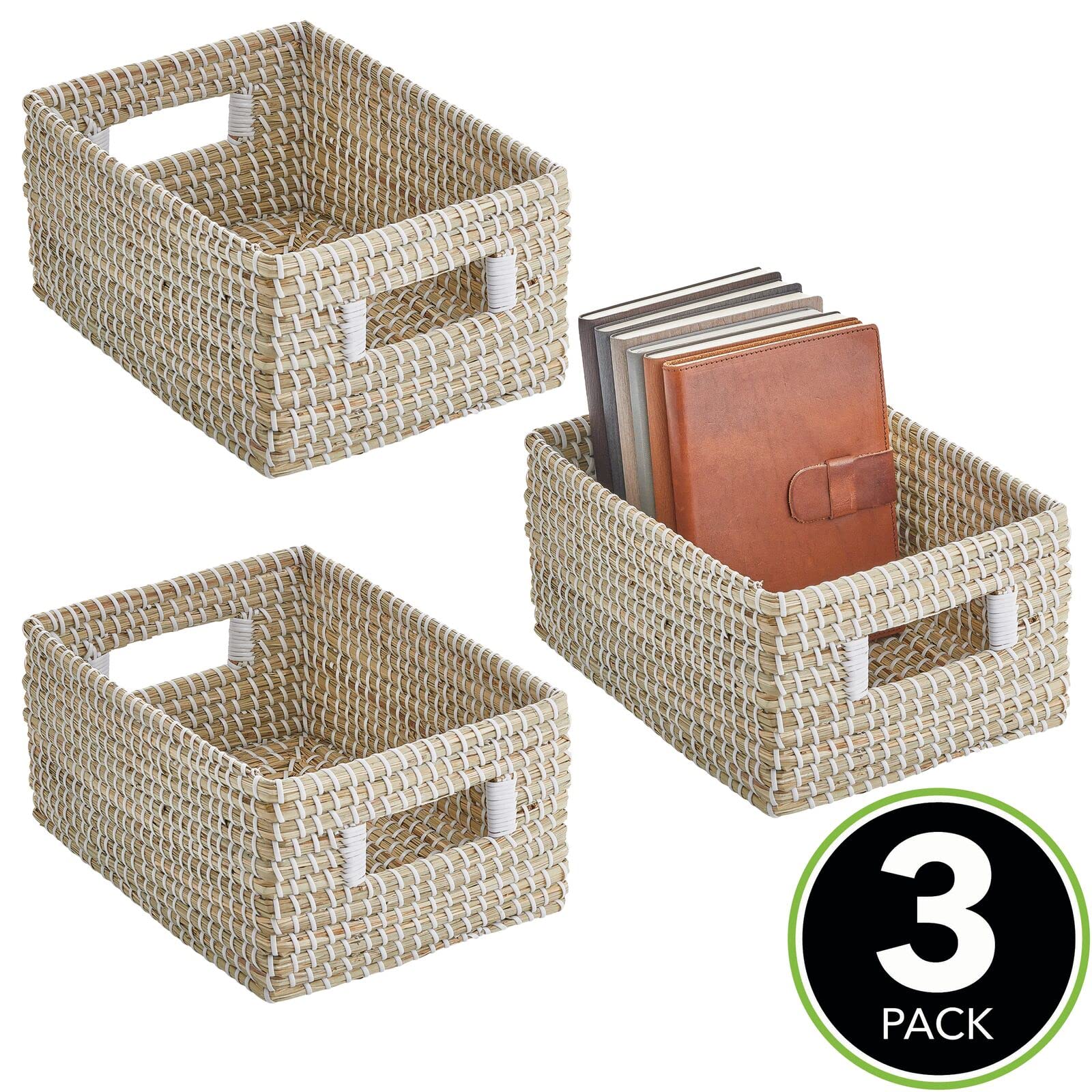 mDesign Seagrass Small Woven 9 Inch Wide Rectangular Organizing Basket w/Built-In Handles for Kitchen, Pantry Shelves, Bathroom Storage; Holds Fruit, Canned Goods - 3 Pack - Natural