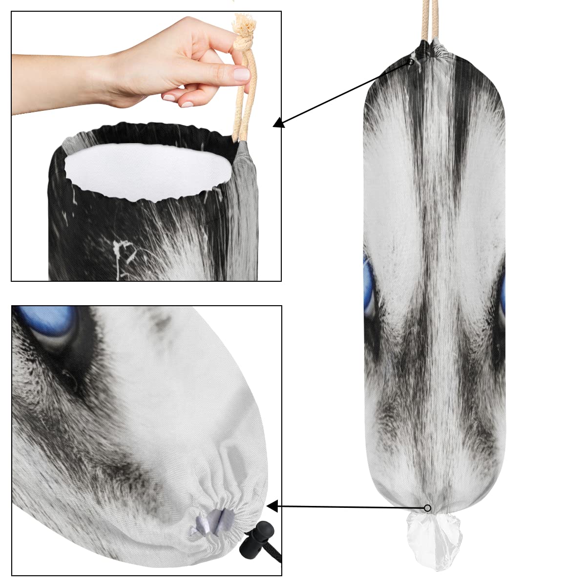 Dog Huskie Eye Plastic Bag Holder Cute Wall Mount Plastic Bag Organizer Reusable Large Grocery Bag Storage Dispenser for Home Kitchen Travelling 22"x9"