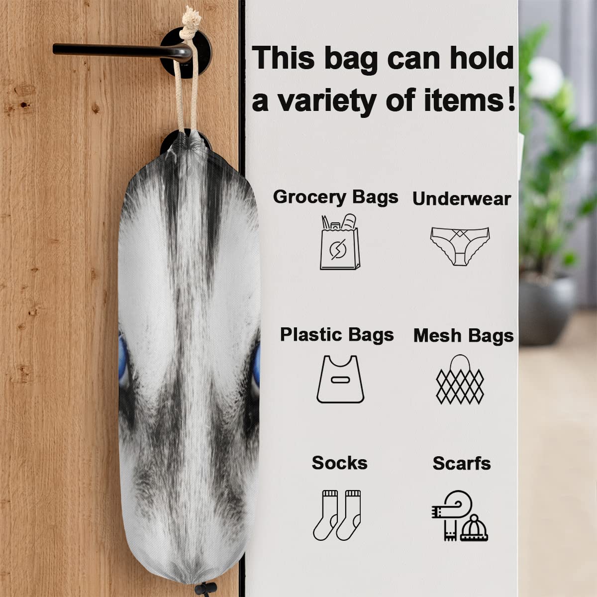 Dog Huskie Eye Plastic Bag Holder Cute Wall Mount Plastic Bag Organizer Reusable Large Grocery Bag Storage Dispenser for Home Kitchen Travelling 22"x9"